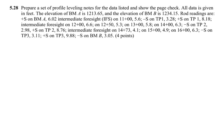 Solved 5.28 Prepare a set of profile leveling notes for the | Chegg.com