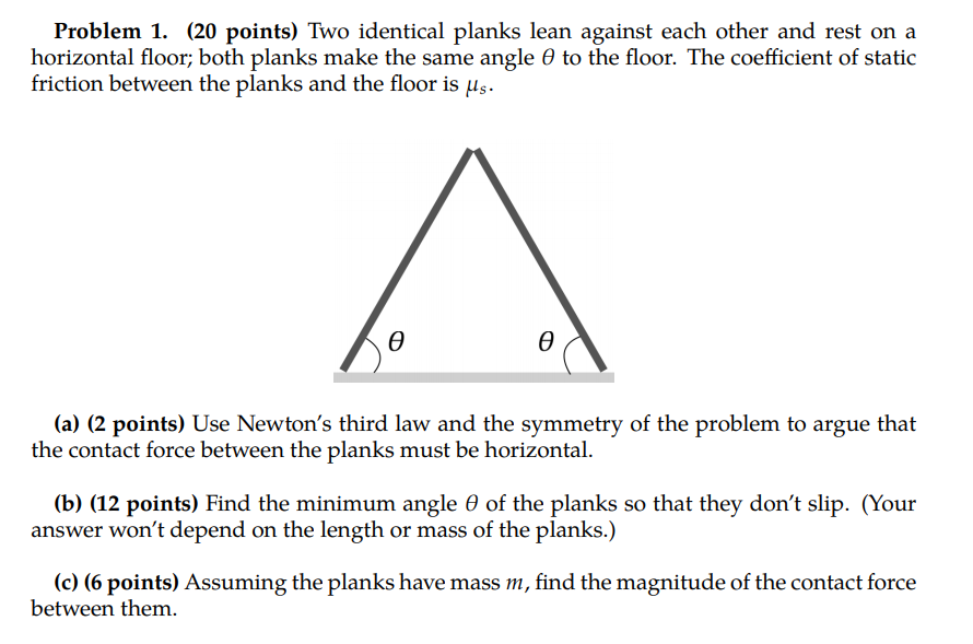 Solved Problem 1. (20 points) Two identical planks lean | Chegg.com