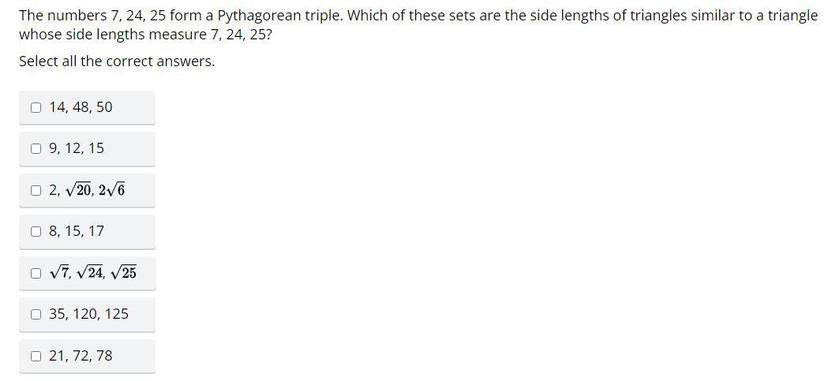 Solved The numbers 7, 24, 25 ﻿form a Pythagorean triple. | Chegg.com