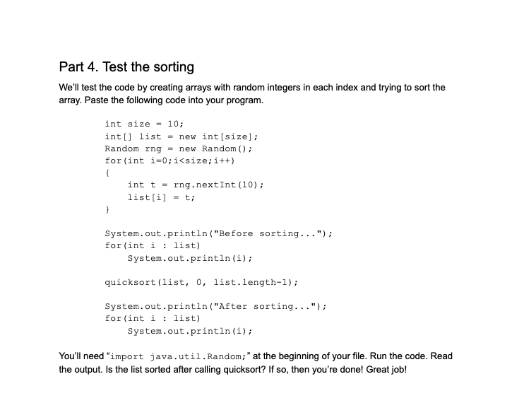 Solved Part 1. Create the Quicksort method We'll start by | Chegg.com
