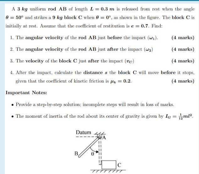 Solved A 3 ﻿kg uniform rod AB of length L=0.3m ﻿is released | Chegg.com