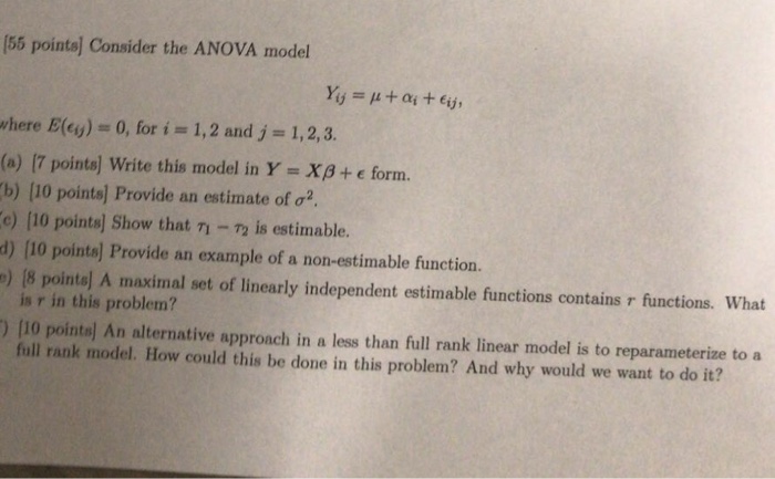 Solved (55 pointal Consider the ANOVA model where E(ey) = 0, | Chegg.com