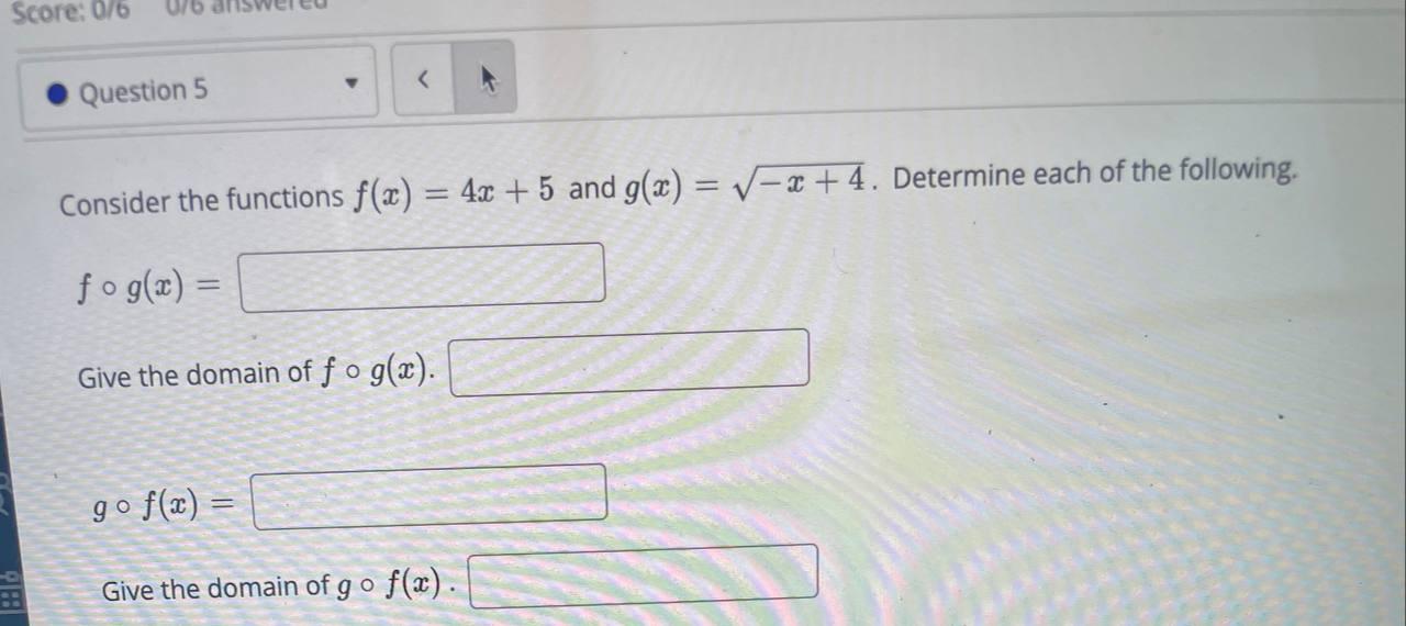 Solved Let f(x)=6x−5 and g(x)=x2−6x+3. (f∘g)(x)=(g∘f)(x)= | Chegg.com