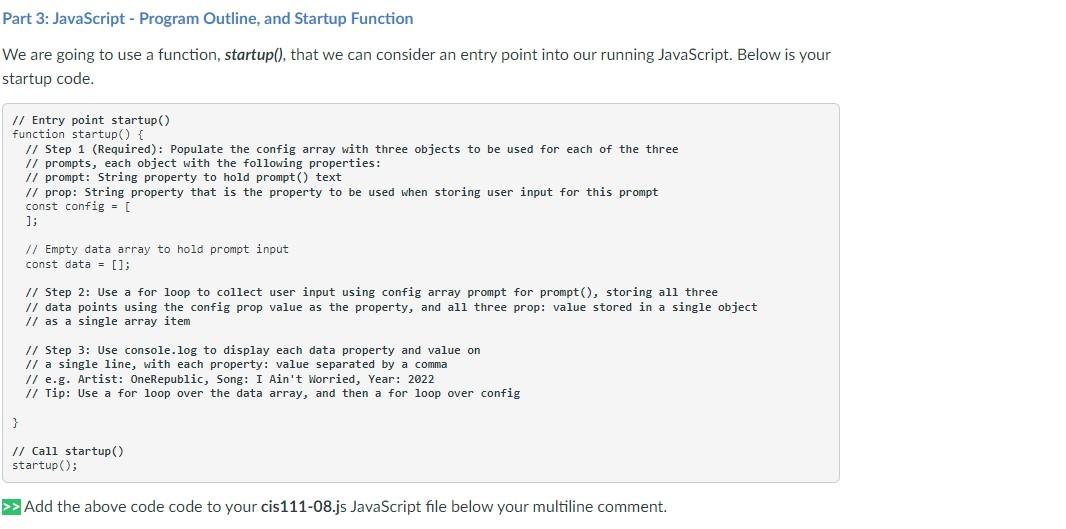 Solved Part 3: JavaScript - Program Outline, and Startup | Chegg.com