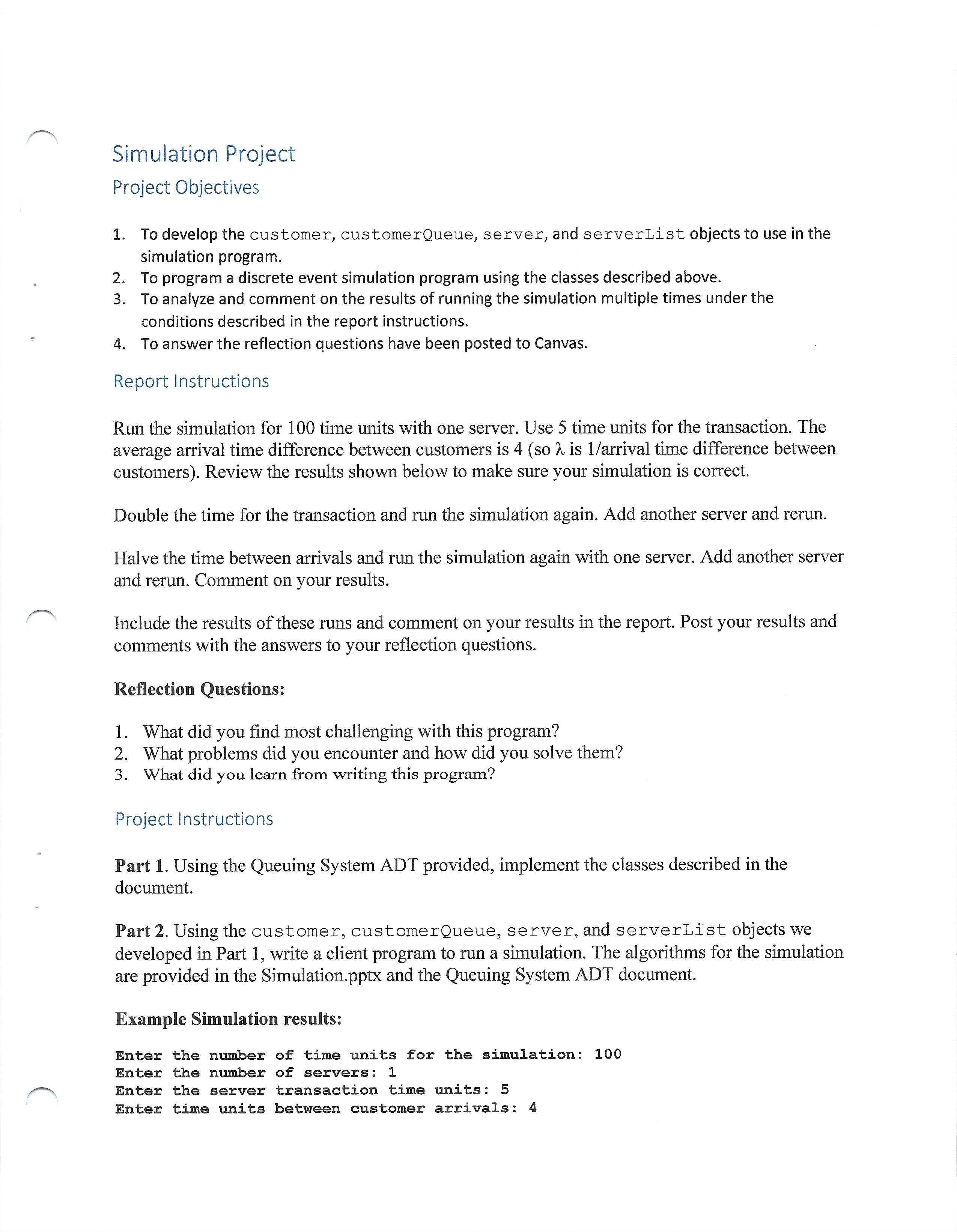 Solved Simulation Project Project Objectives 1. To develop | Chegg.com