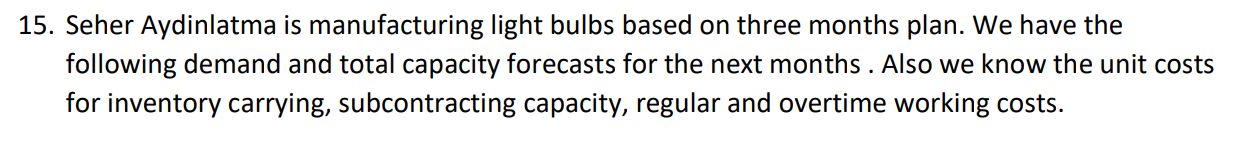 Solved 15. Seher Aydinlatma is manufacturing light bulbs | Chegg.com