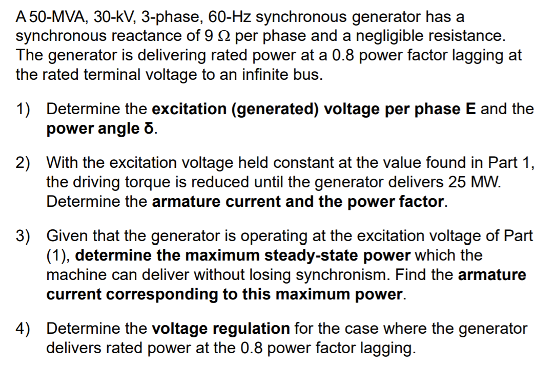 Solved A 50-MVA, 30-KV, 3-phase, 60-Hz synchronous generator | Chegg.com