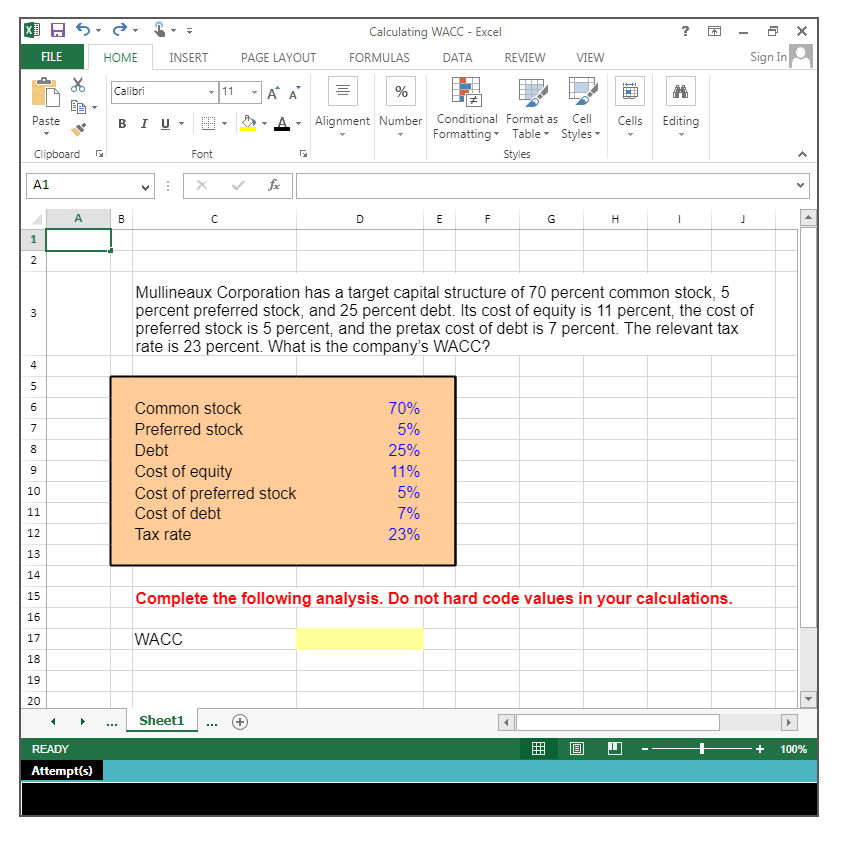 Solved x] x Calculating WACC - Excel ? - X FILE HOME INSERT | Chegg.com