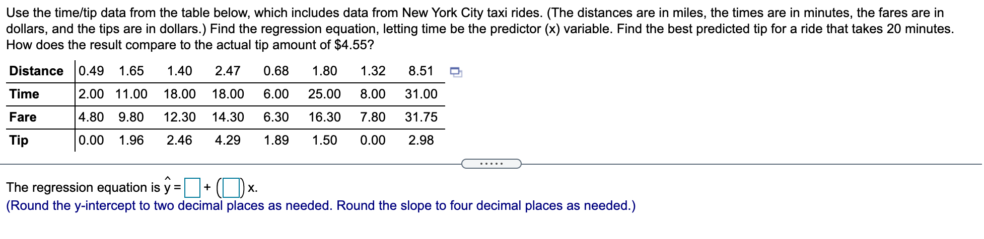 Solved Use the time/tip data from the table below, which | Chegg.com