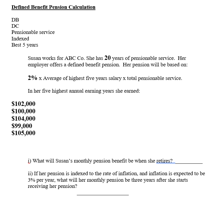 Solved Defined Benefit Pension Calculation DB DC Pensionable | Chegg.com