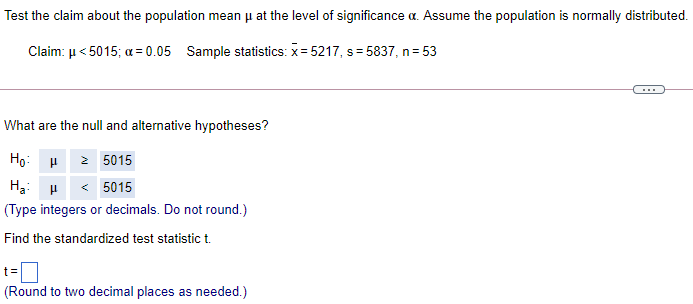 Solved Test the claim about the population mean p at the | Chegg.com