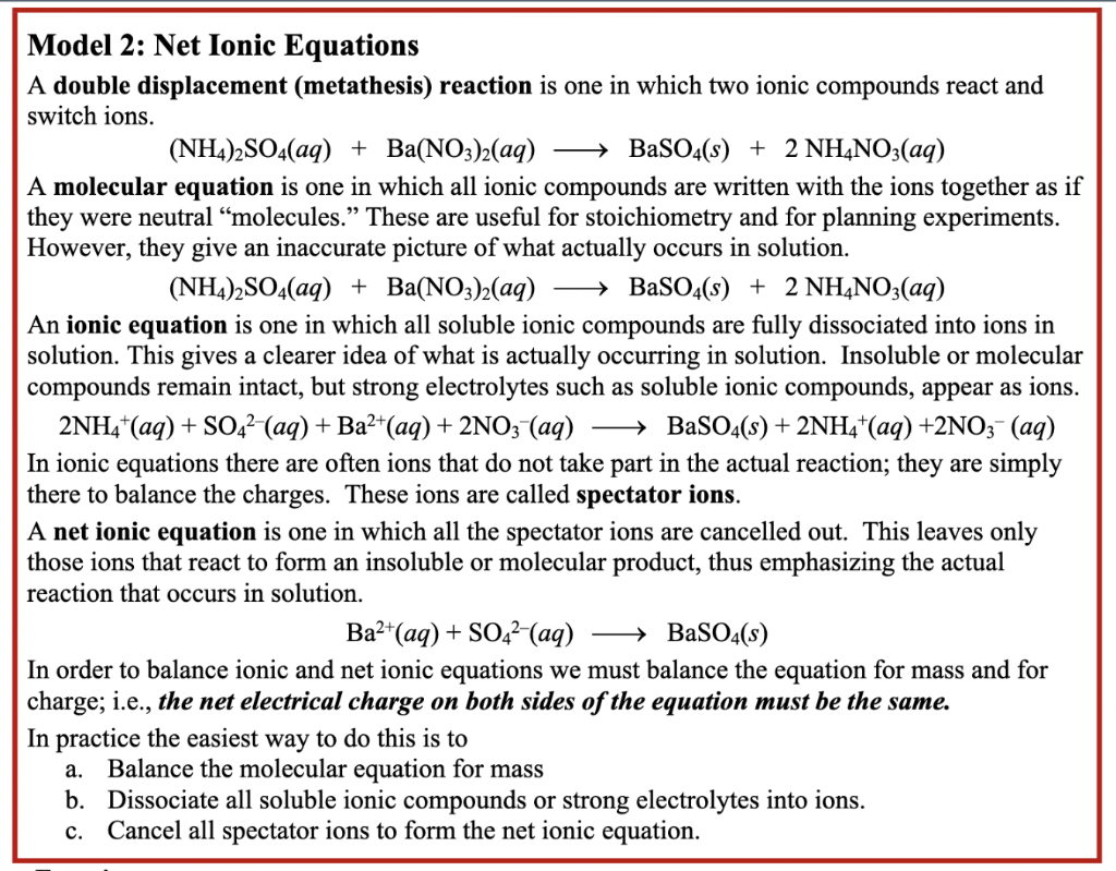 Solved Model 2: Net Ionic Equations A double displacement | Chegg.com