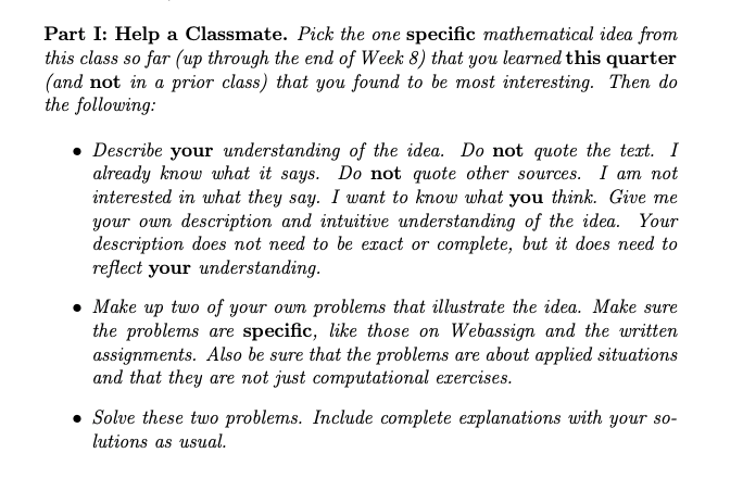 Part I: Help a Classmate. Pick the one specific | Chegg.com