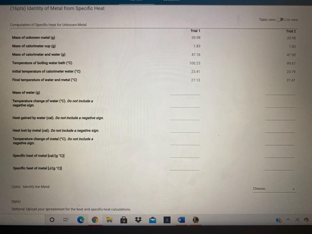 Solved Specific Heat of an unknown Metal Identification | Chegg.com