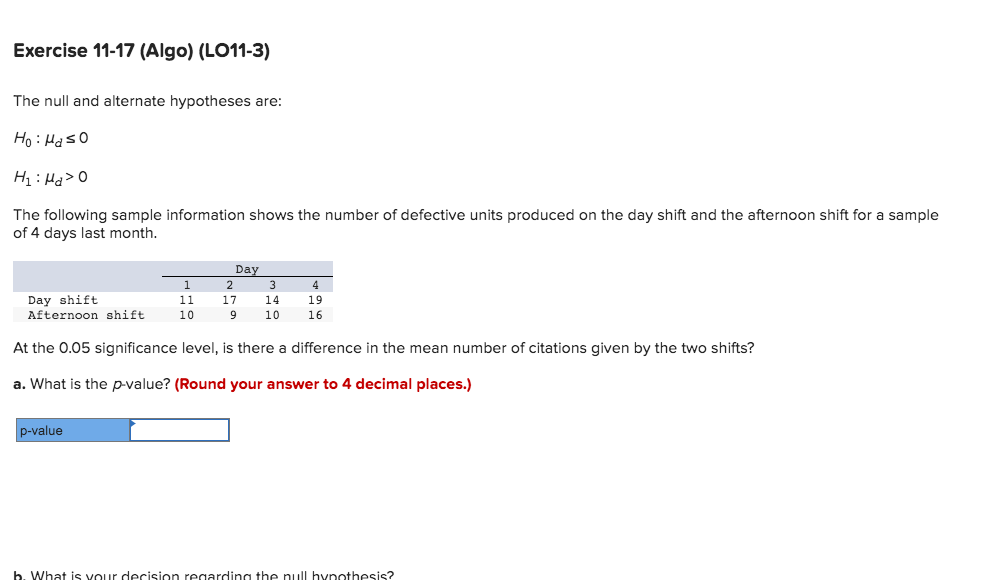 Solved Exercise 11-17 (Algo) (LO11-3) The null and alternate | Chegg.com
