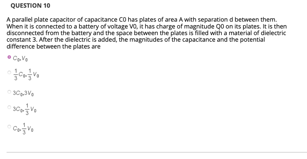Solved A parallel plate capacitor of capacitance C0 has | Chegg.com