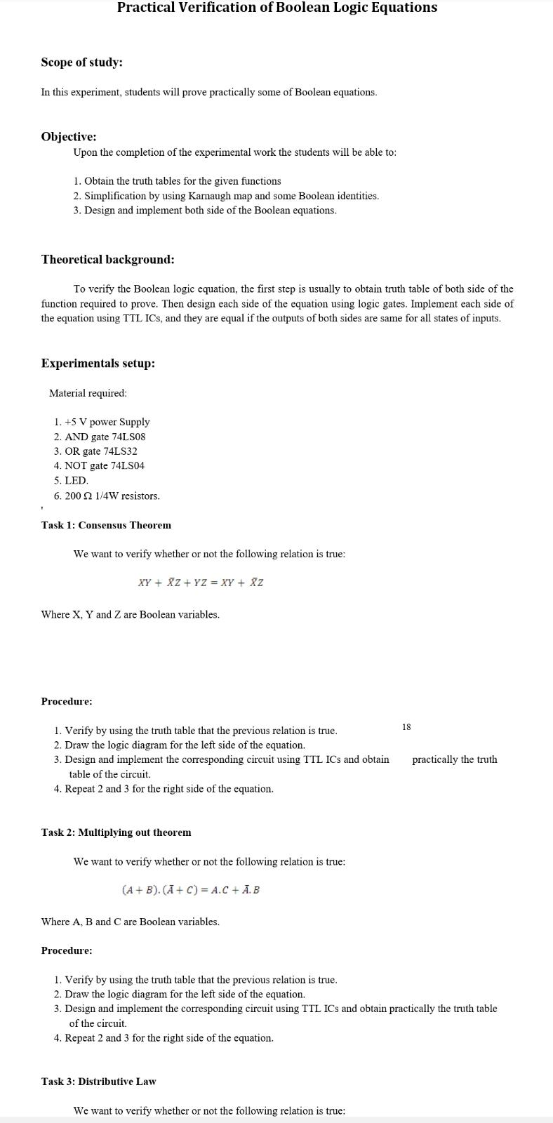 Solved Practical Verification of Boolean Logic Equations | Chegg.com