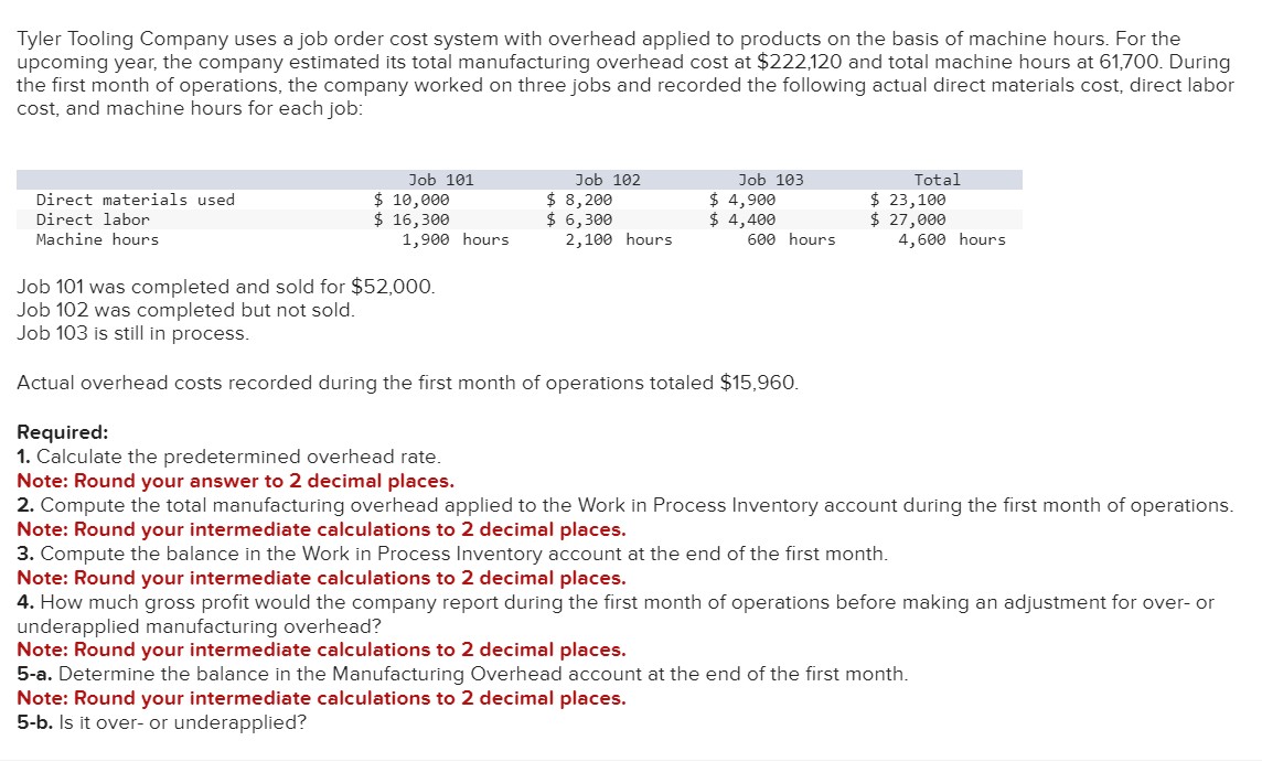Solved Tyler Tooling Company uses a job order cost system | Chegg.com