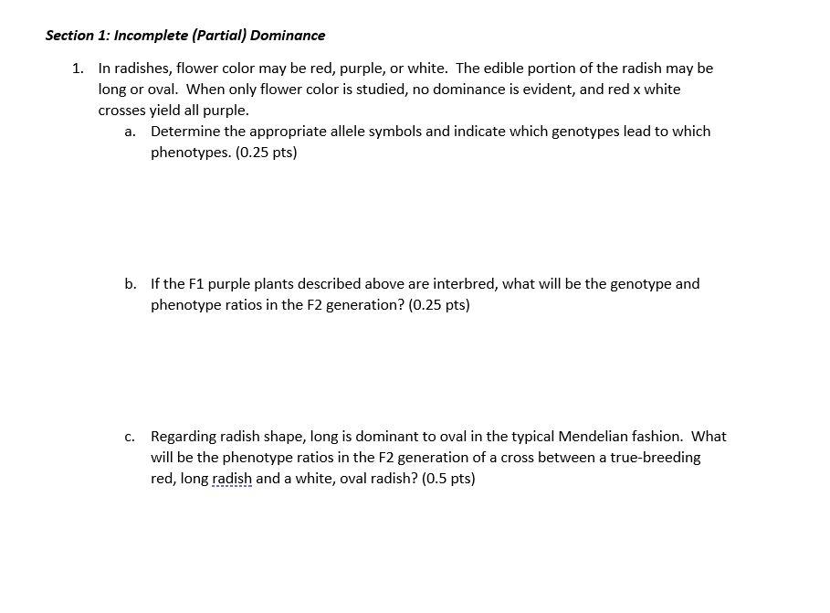 Solved Section 1: Incomplete (Partial) Dominance 1. In | Chegg.com