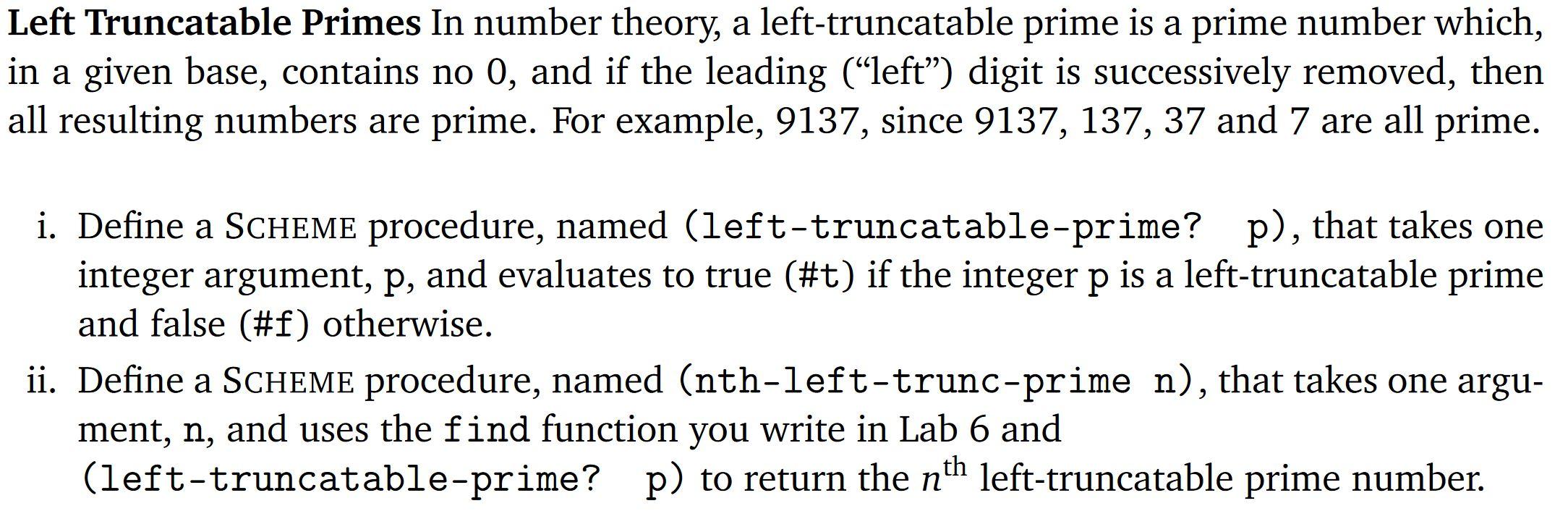 Left Truncatable Primes In number theory, a | Chegg.com