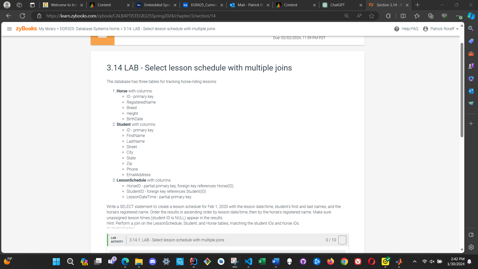 Solved SELECT LessonSchedule.LessonDateTime, | Chegg.com