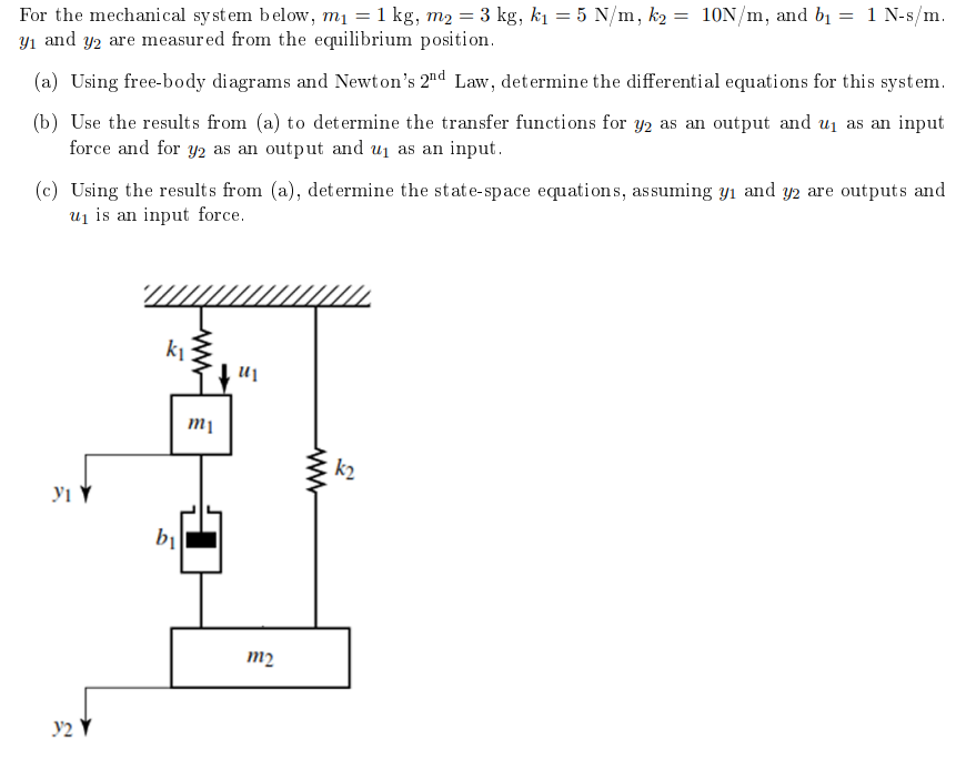 Solved For the mechanical system below, m1=1 kg,m2=3 kg,k1=5 | Chegg.com