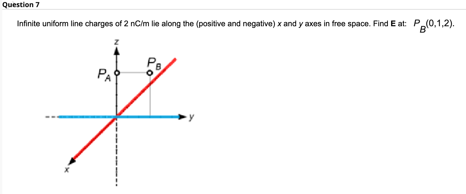 Solved Infinite uniform line charges of 2nC/m lie along the | Chegg.com