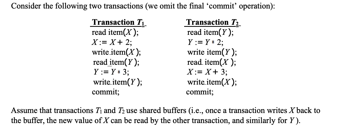 Consider the following two transactions (we omit the | Chegg.com