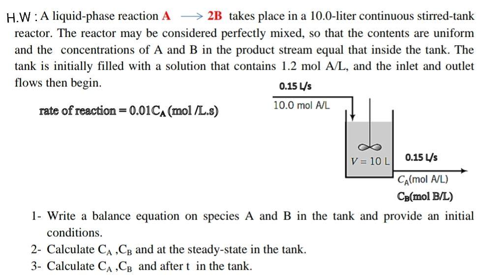 Solved H.W : A liquid-phase reaction A 2B takes place in a | Chegg.com