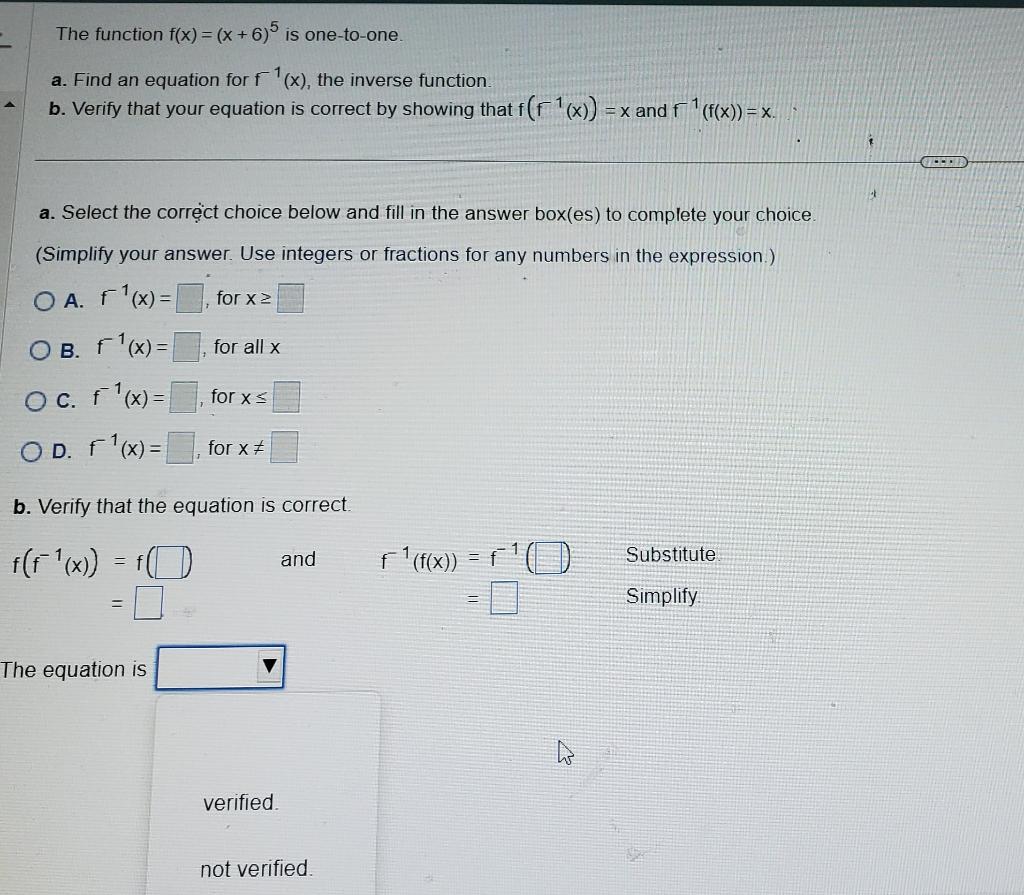 Solved The function f(x)=(x+6)5 is one-to-one. a. Find an | Chegg.com