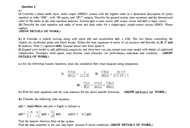 Solved Question 1. (1) Consider a linear multi input, multi | Chegg.com