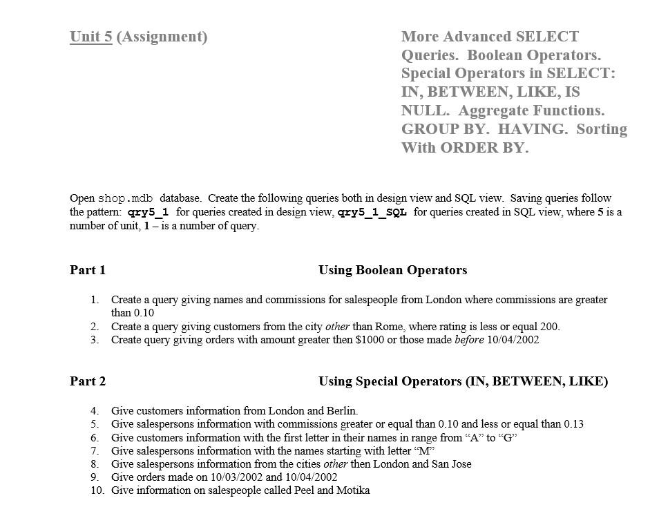 Open shop.mdb database. Create the following queries | Chegg.com