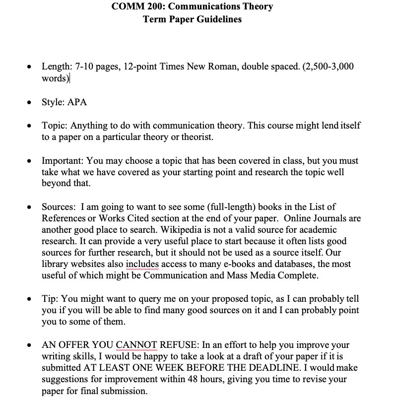 Solved COMM 200: Communications Theory Term Paper Guidelines | Chegg.com