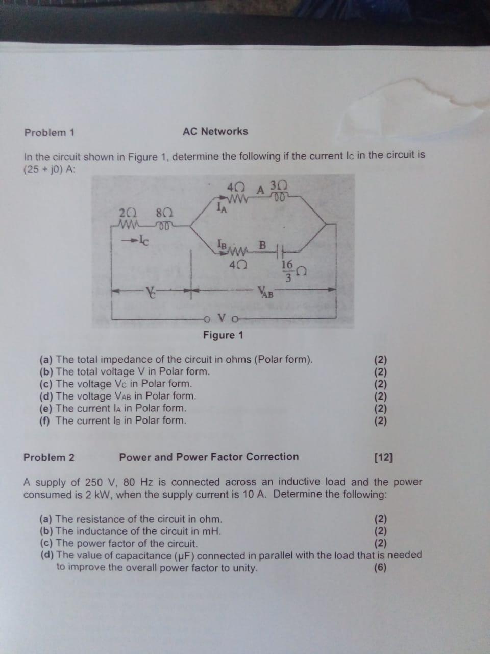 Solved Problem 1 AC Networks In the circuit shown in Figure | Chegg.com