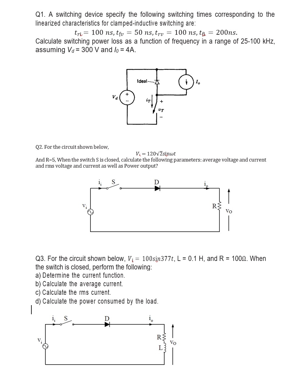 Solved Q1. A switching device specify the following | Chegg.com