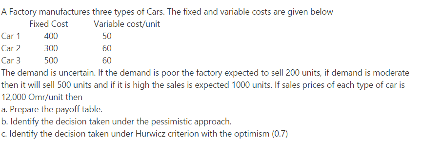 Solved 60 A Factory manufactures three types of Cars. The | Chegg.com