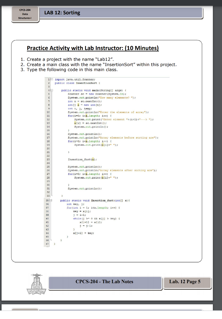 Solved CPCS-204 Data Structures-1 LAB 12: Sorting-1 | Chegg.com