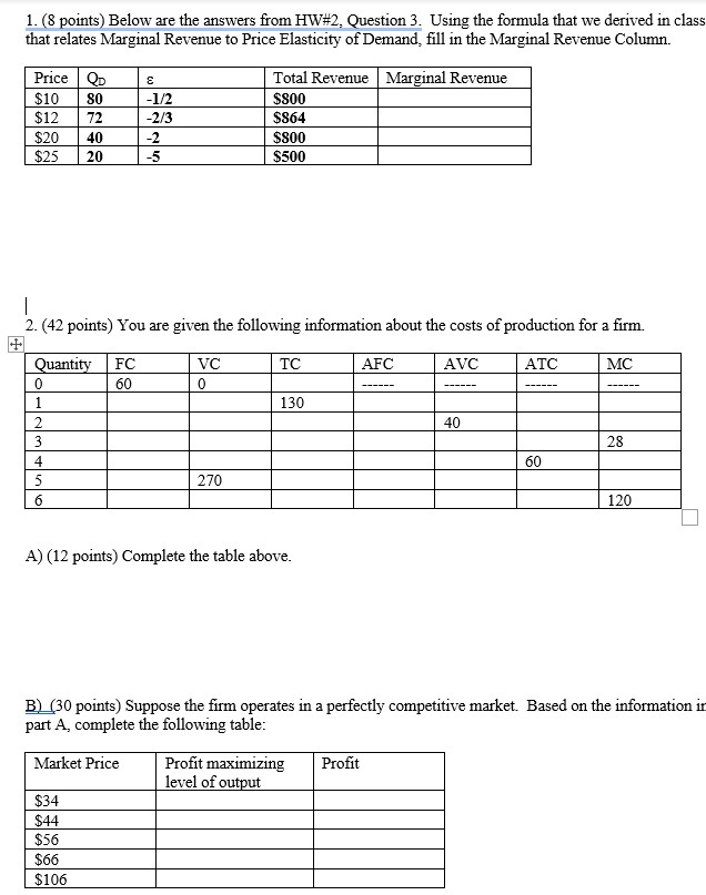Solved 1. (8 points) Below are the answers from HW\#2, | Chegg.com