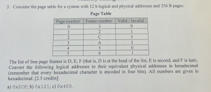 Solved 3. Consider the page table for a system with 12 b | Chegg.com