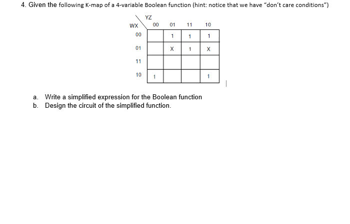 Solved 4. Given the following K-map of a 4-variable Boolean | Chegg.com