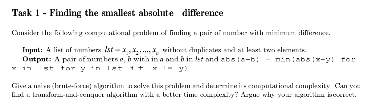 Solved Task 1 Finding The Smallest Absolute Difference