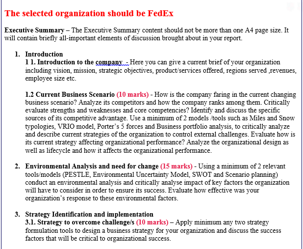 The selected organization should be FedEx Executive | Chegg.com