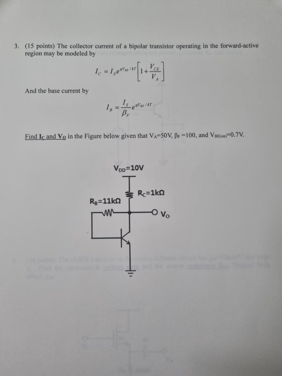 Solved 3. (15 points) The collector current of a bipolar | Chegg.com