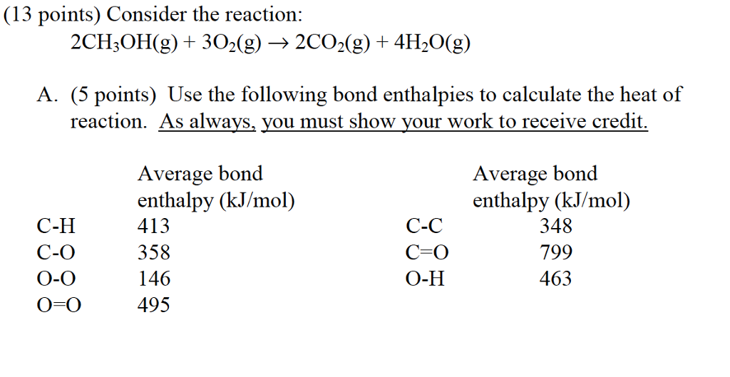 Solved (13 points) Consider the reaction: 2CH3OH(g) + | Chegg.com
