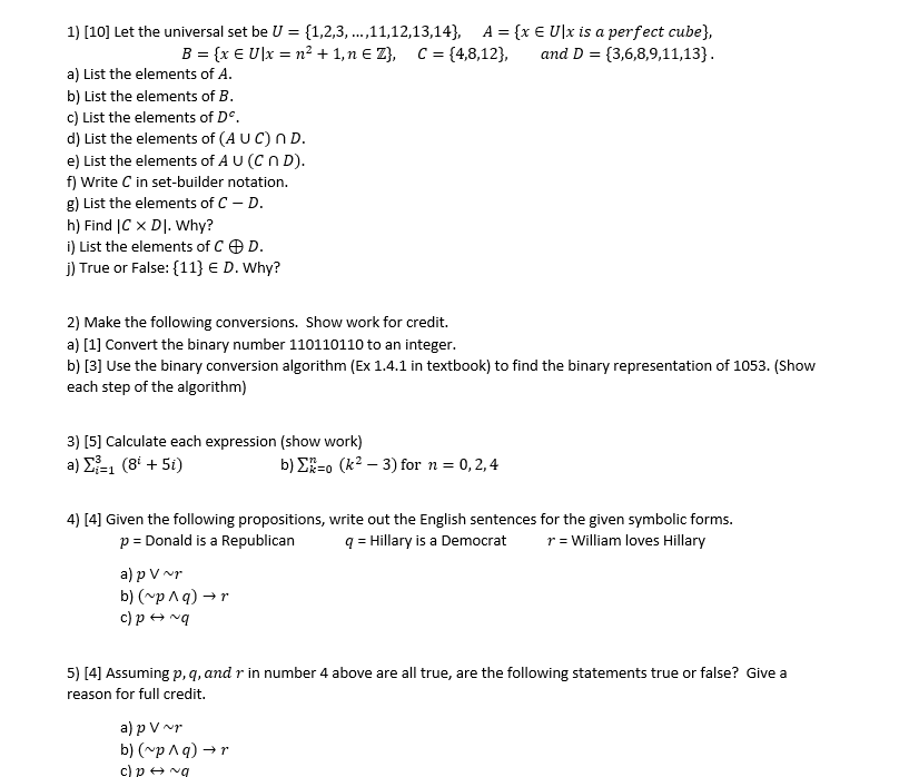 Solved 1) [10] Let the universal set be U = | Chegg.com