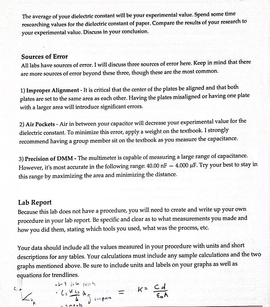 Solved Experiment 4: Finding the Dielectric Constant | Chegg.com