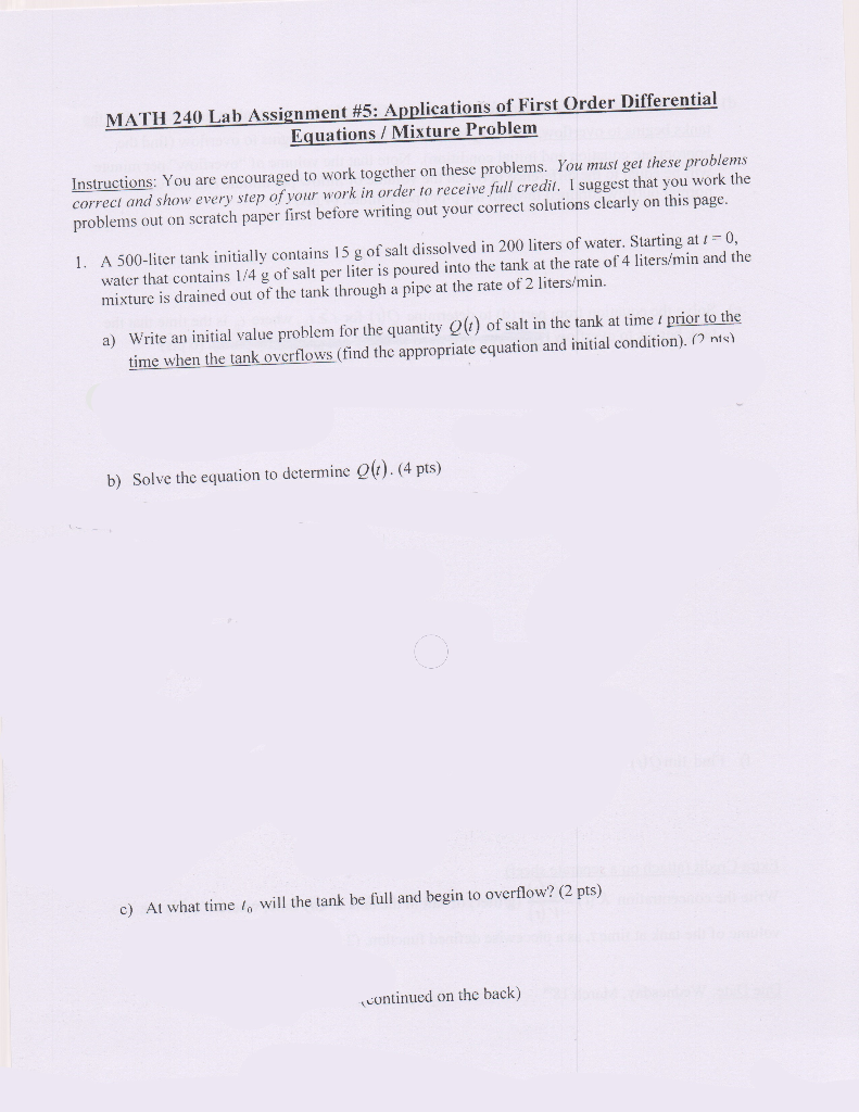 Solved MATH 240 Lab Assignment #5: Applications of First | Chegg.com