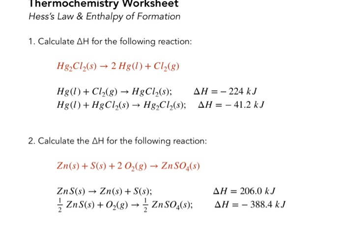 Solved Thermochemistry Worksheet Hess's Law & Enthalpy of | Chegg.com