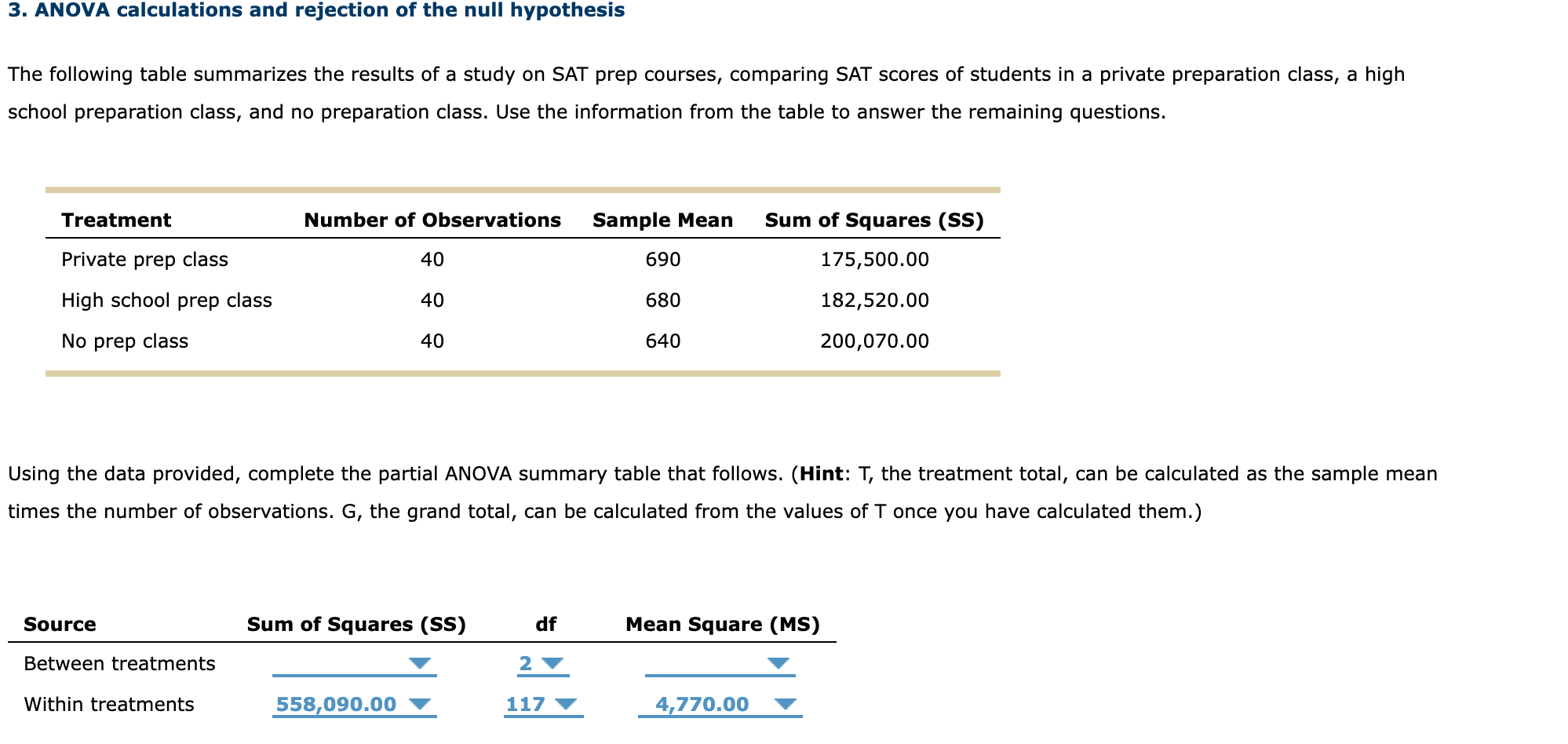 Solved ANOVA calculations and rejection of the null | Chegg.com