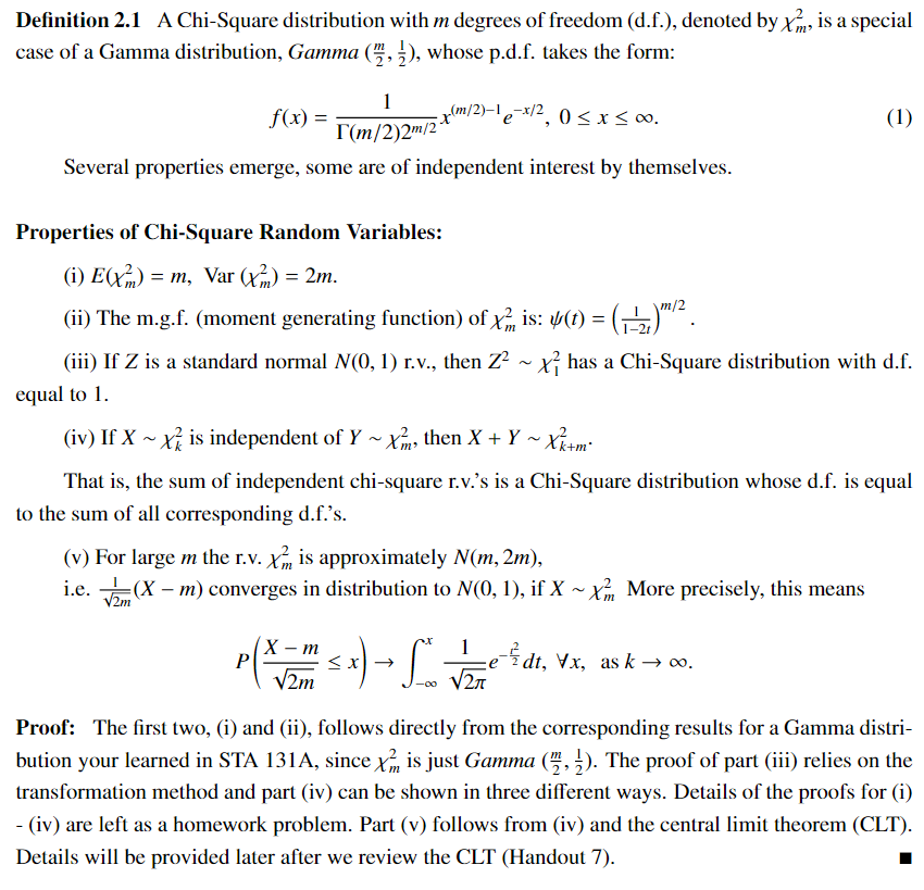 Solved Definition 2.1 A Chi-Square distribution with m | Chegg.com